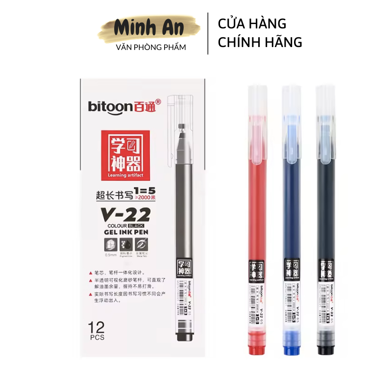 Bút bi nước mực gel nhanh khô ngòi 0.5mm Bitoon v22 dành cho học sinh văn phòng màu xanh, đỏ ...