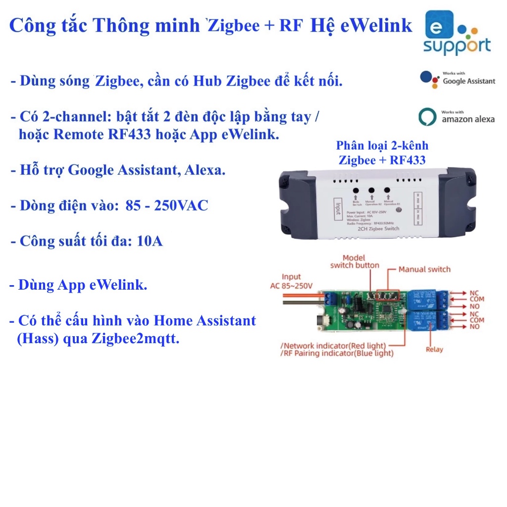 Công tắc thông minh Wifi/Zigbee, Sonoff eWelink Basic R2, Basic R4, Tasmota/ESPHome/Home ...