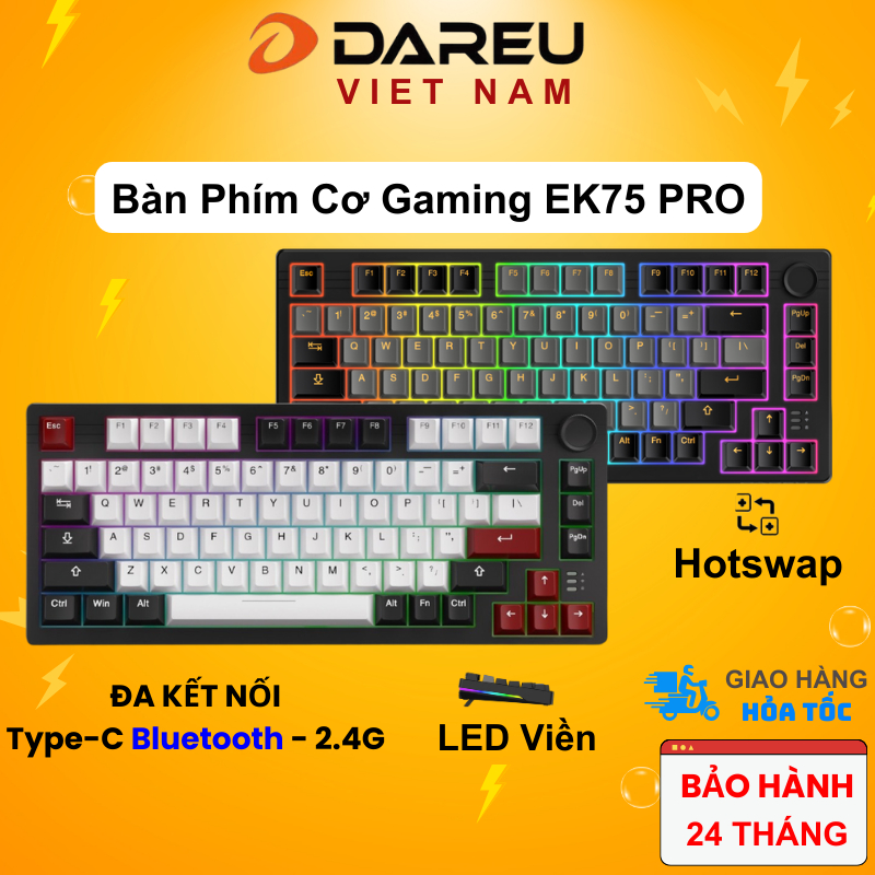 Bàn phím cơ không dây DAREU EK75 PRO BLACK GOLDEN (Hotswap,Pin:3750mAh ...