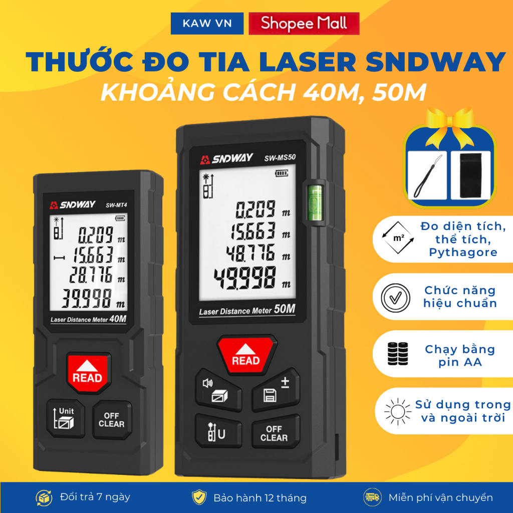 Thước đo khoảng cách bằng tia laser KAW Chính hãng SNDWAY SW-MT4 40m, SW-MS50 50m, chuẩn xác ...