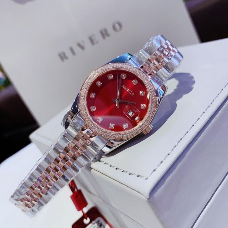 [ Chính Hãng 100%] Đồng Hồ Nữ Amica A059 (059) Mặt Đỏ Tròn Máy Quartz ...