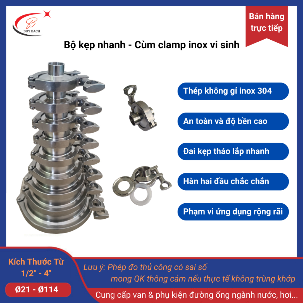 Clamp vi sinh phi 21 27 34 42 bộ kẹp khớp nối nhanh inox 304 kết nối ...