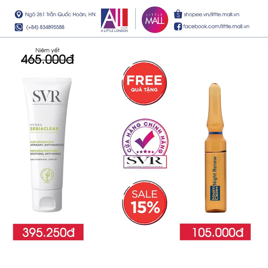 Kem dưỡng ẩm cho da mụn SVR Sebiaclear hydra 40ml DATE 5.25 TẶNG Ampoule chống lão hóa Martiderm ...