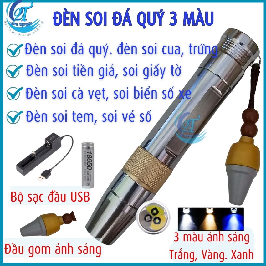 Đèn soi tiền giả, đèn soi đá quý, giấy tờ, đèn soi cua, đèn soi trứng, bằng tia UV 3 màu kèm bộ ...