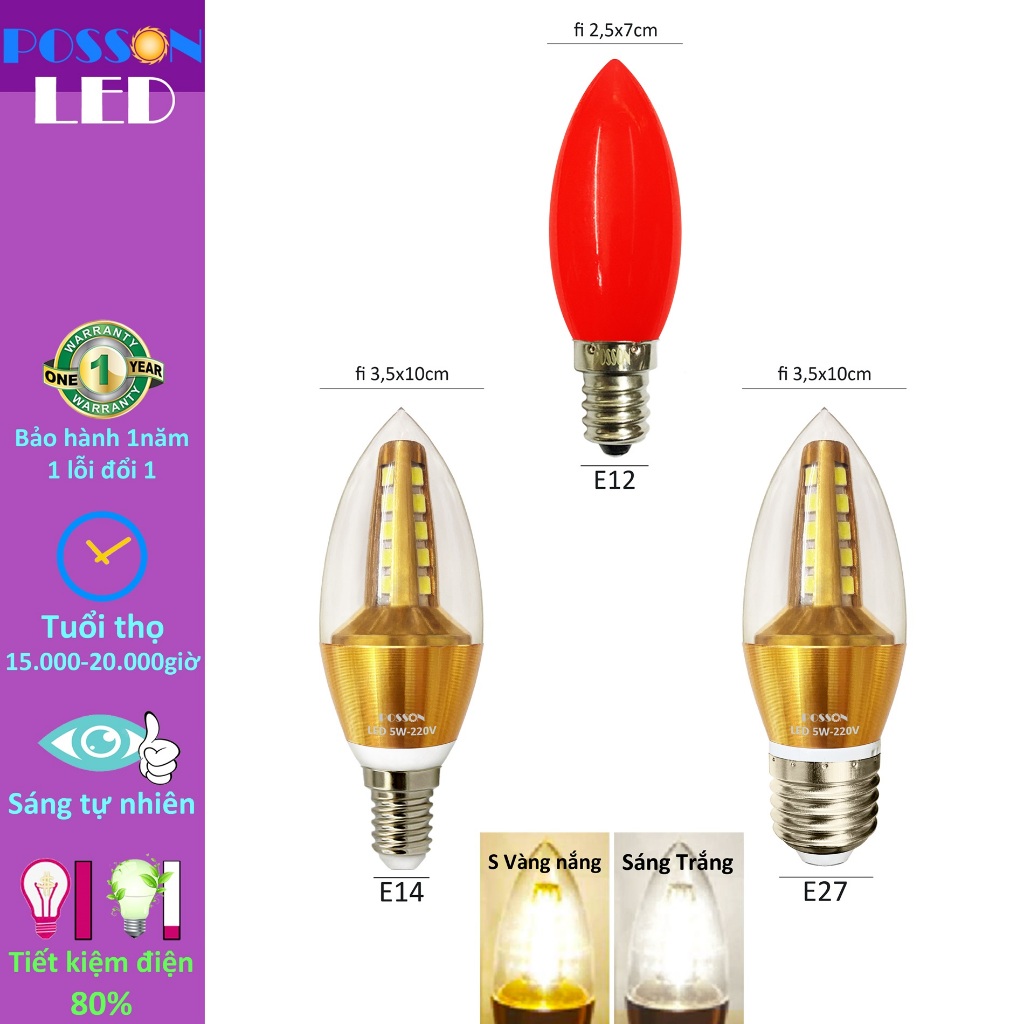 Bóng đèn Led nến quả nhót trái ớt cà na 1w 5w đui đuôi E12 E14 E27 trang trí Posson LCh-LCP-Ex ...