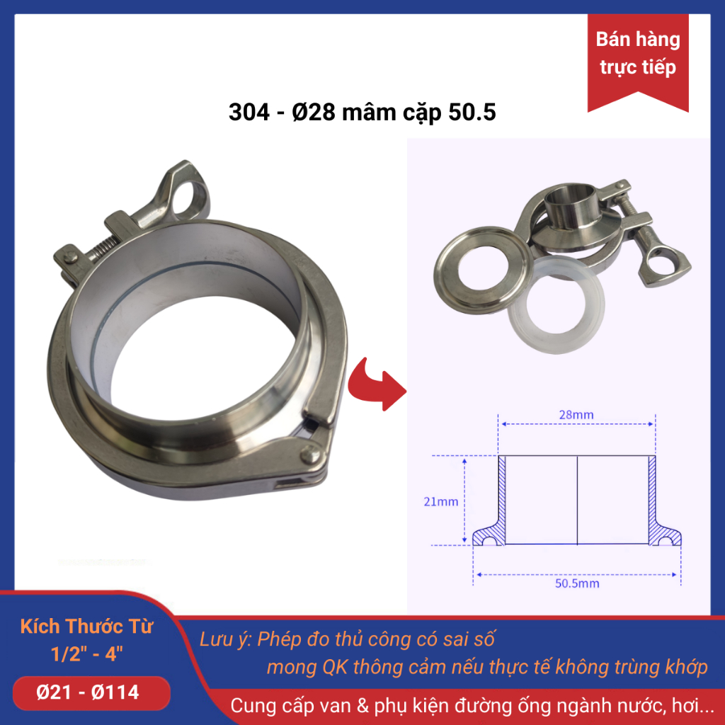 Clamp inox vi sinh phi 28 bộ khớp nối nhanh inox 304 hàn | Shopee Việt Nam