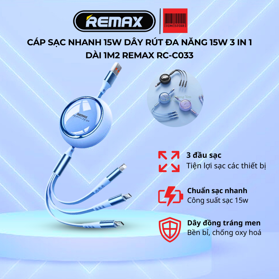 Cáp sạc nhanh 15W dây rút đa năng 15w 3 in 1 REMAX RC-C033 | Shopee ...