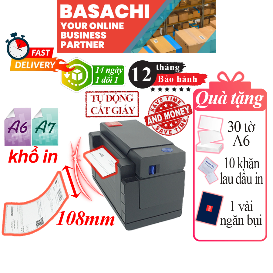 [Quà tặng] Máy in nhiệt BASACHI cắt giấy tự động A6 A7 đơn hàng hóa đơn ...