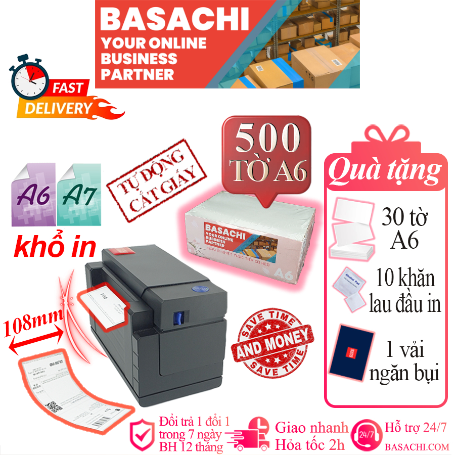 Máy in nhiệt BASACHI cắt giấy tự động A6/A7 + 500 TỜ A6 đơn hàng hóa ...