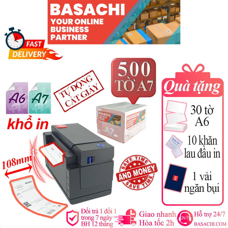 Máy in nhiệt BASACHI cắt giấy tự động A6/A7 + 500 TỜ A7 đơn hàng hóa ...