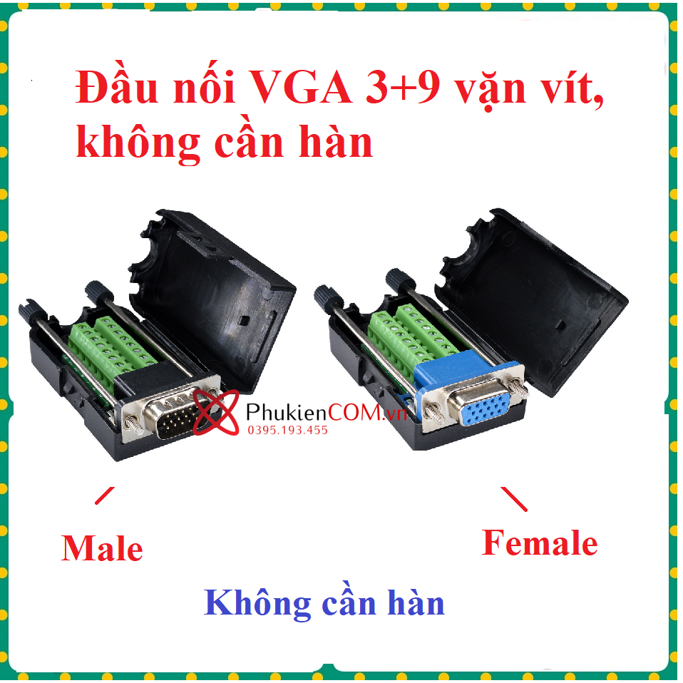 Đầu hàn DSUB DB15 VGA 3+9 đủ 15 chân Đực, Cái vặn vít, không cần hàn cho máy tính, PLC, Công ...