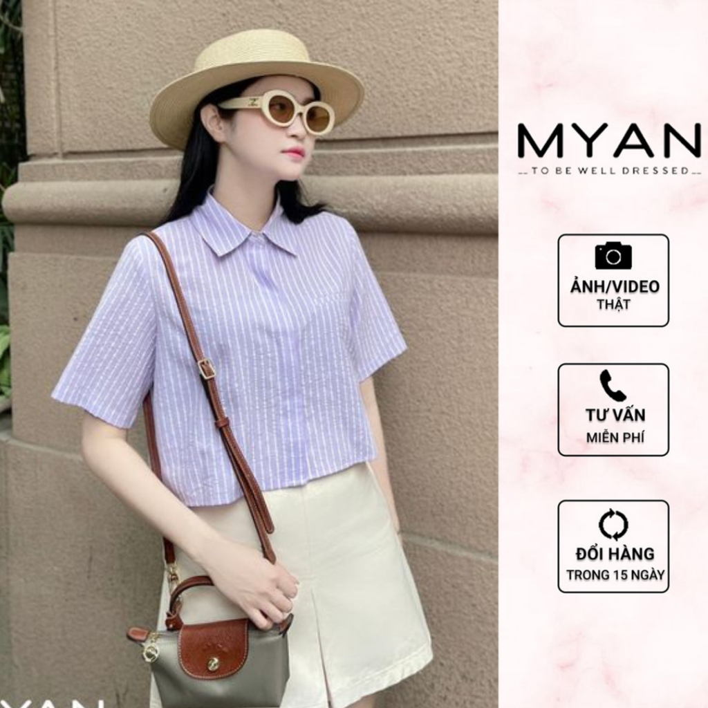 MYAN DESIGN Áo Sơ Mi Kẻ Sọc Cộc Tay Nữ Thiết Kế Cổ Đức Chất Liệu Thoáng ...