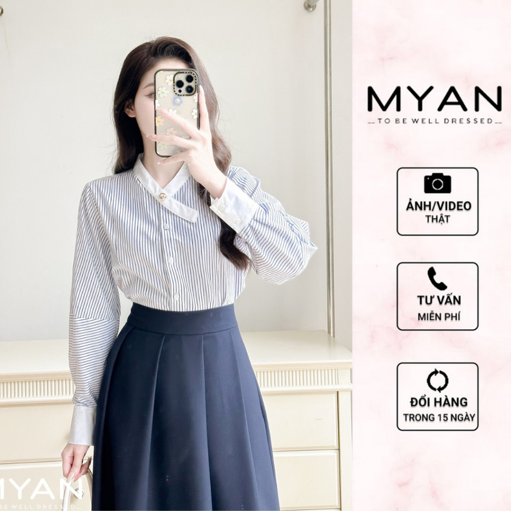 MYAN DESIGN Áo Sơ Mi Cổ Chéo Phối Màu Trắng Họa Tiết Kẻ Xanh Chất Thô ...