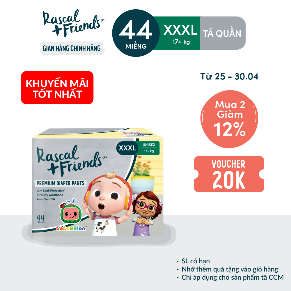 Tã/Bỉm Quần Rascal + Friends Cocomelon Size XXXL (>17kg) 44 miếng - Kèm sticker ngẫu nhiên ...