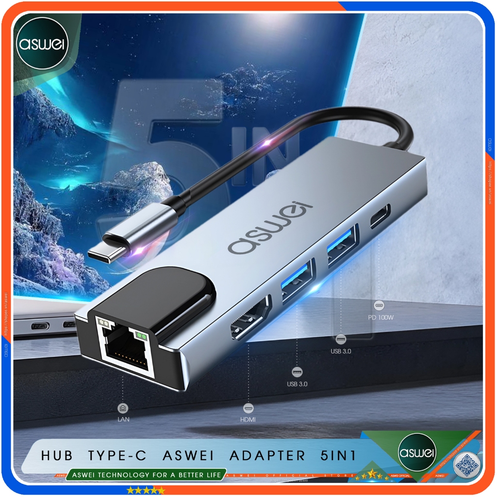 Hub Type C ASWEI 5in1 - Hub Chuyển Đổi USB Type-C To HDMI 4K, Cổng Mạng ...