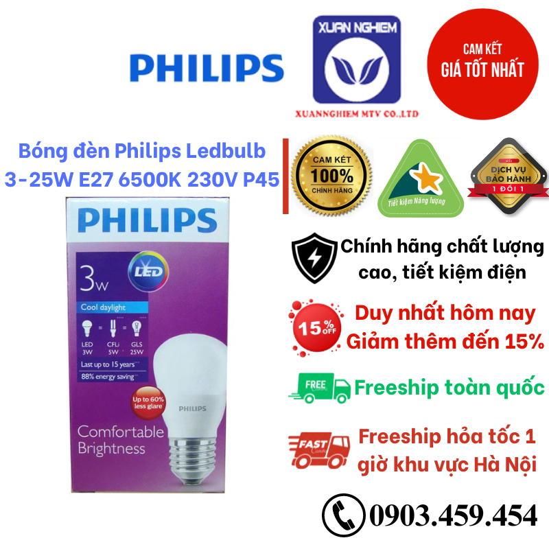 Bóng đèn Led Philips 3W Ledbulb 3-25W E27 6500K 230V P45 | Shopee Việt Nam