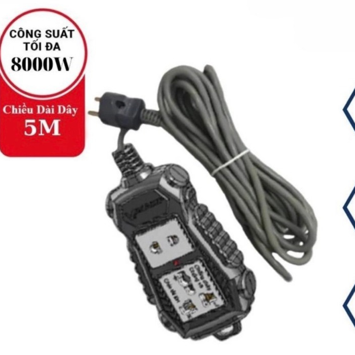 Ổ cắm Vinakip 2 ngả chịu tải 8000w liền dây 3m,5m đế đúc sứ chịu nhiệt chống cháy vỡ, an toàn ...