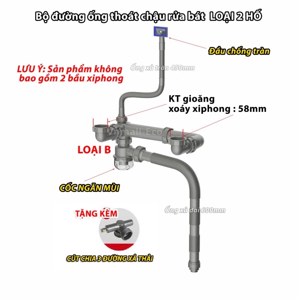 Ống xiphong thoát nước chậu rửa bát,ống thoát to Phi50, chịu nhiệt ...