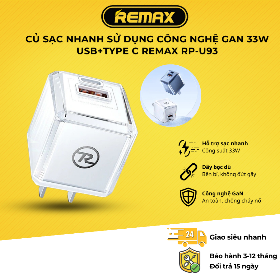 Củ sạc nhanh sử dụng công nghệ GaN 33W USB+Type C REMAX RP-U93 | Shopee ...