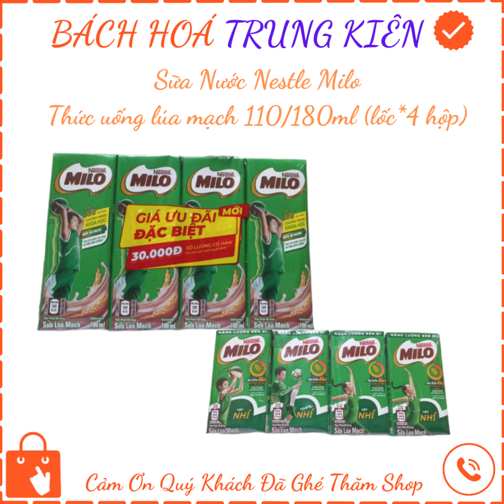 Sữa nước Nestle Milo - Thức uống lúa mạch 180m/110ml (lốc 4 hộp ...