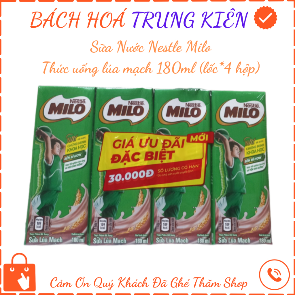 Sữa nước Nestle Milo - Thức uống lúa mạch 180m/110ml (lốc 4 hộp ...