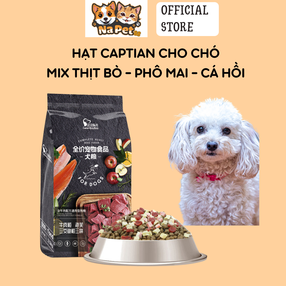Thức ăn cho chó hạt Captain mix toping thịt bò, cá hồi, phomai cho chó ...