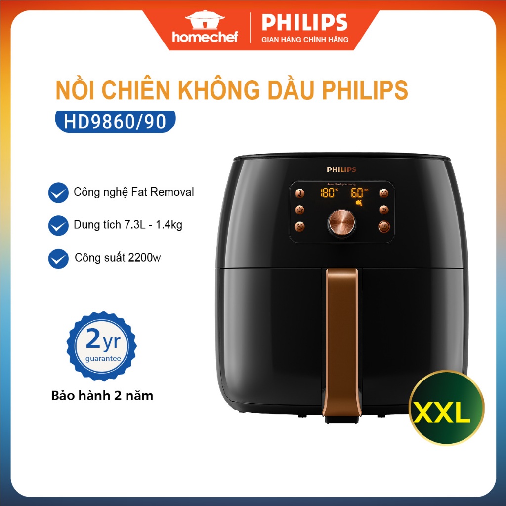 Nồi chiên không dầu điện tử Philips HD9860, dung tích 7.3L-1.4kg, công ...
