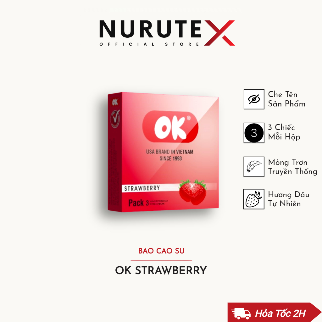Bao cao su mỏng trơn hương dâu OK Strawberry, hộp 3 bcs xuất xứ Việt ...