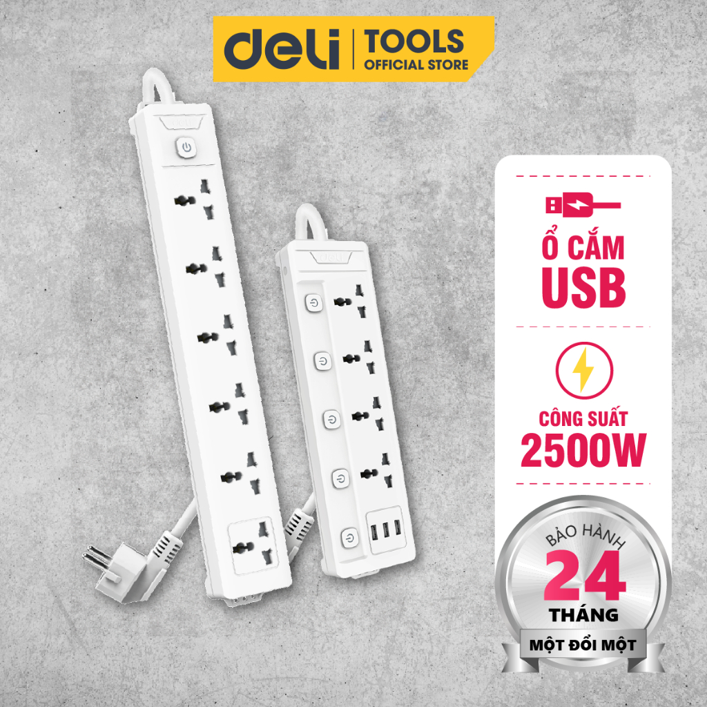 Ổ Cắm Điện Tích Hợp Cổng USB Đa Năng Deli , 2-6 Lỗ Cắm Đầu 3 Công Suất 2500W, Dây 2-5M Tiện Dụng ...