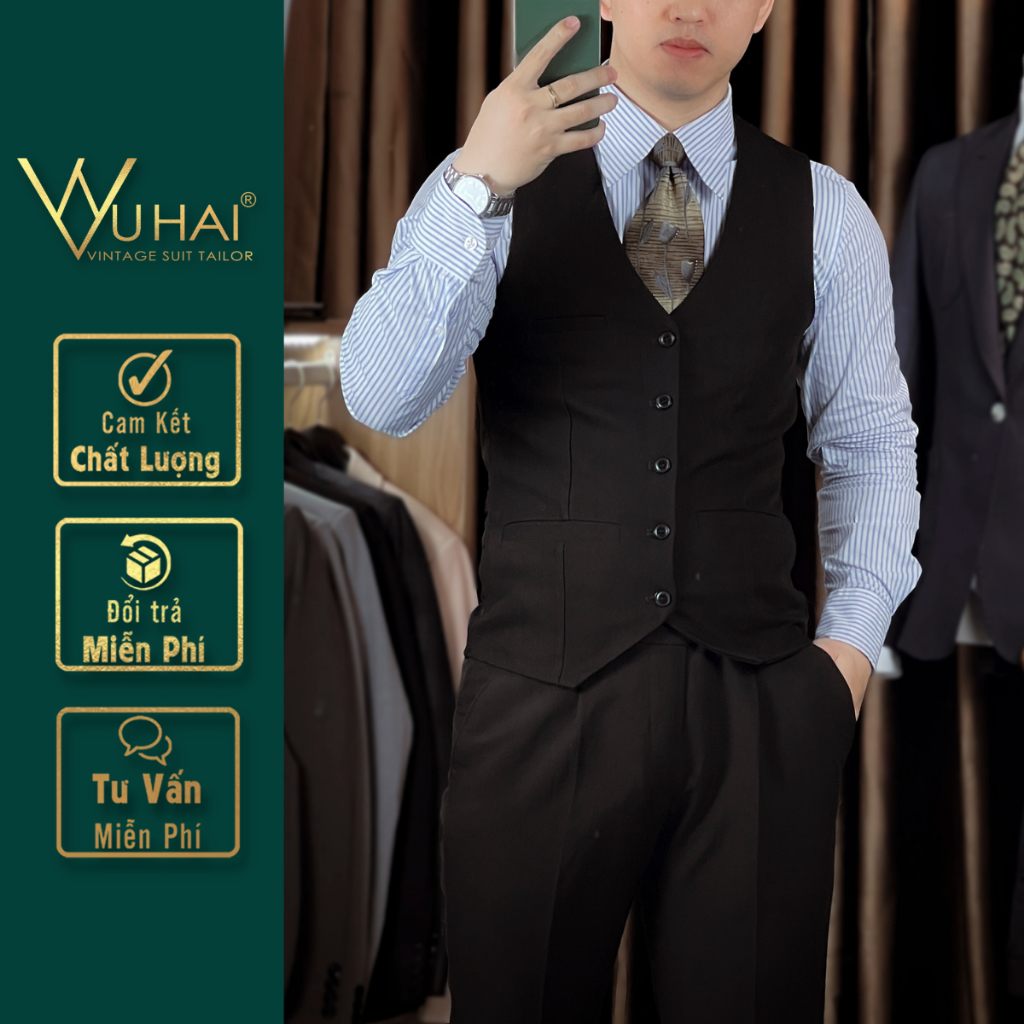 Áo ghile nam màu đen 1 hàng cúc, áo vest ghile nam đẹp, chất vải chéo ...