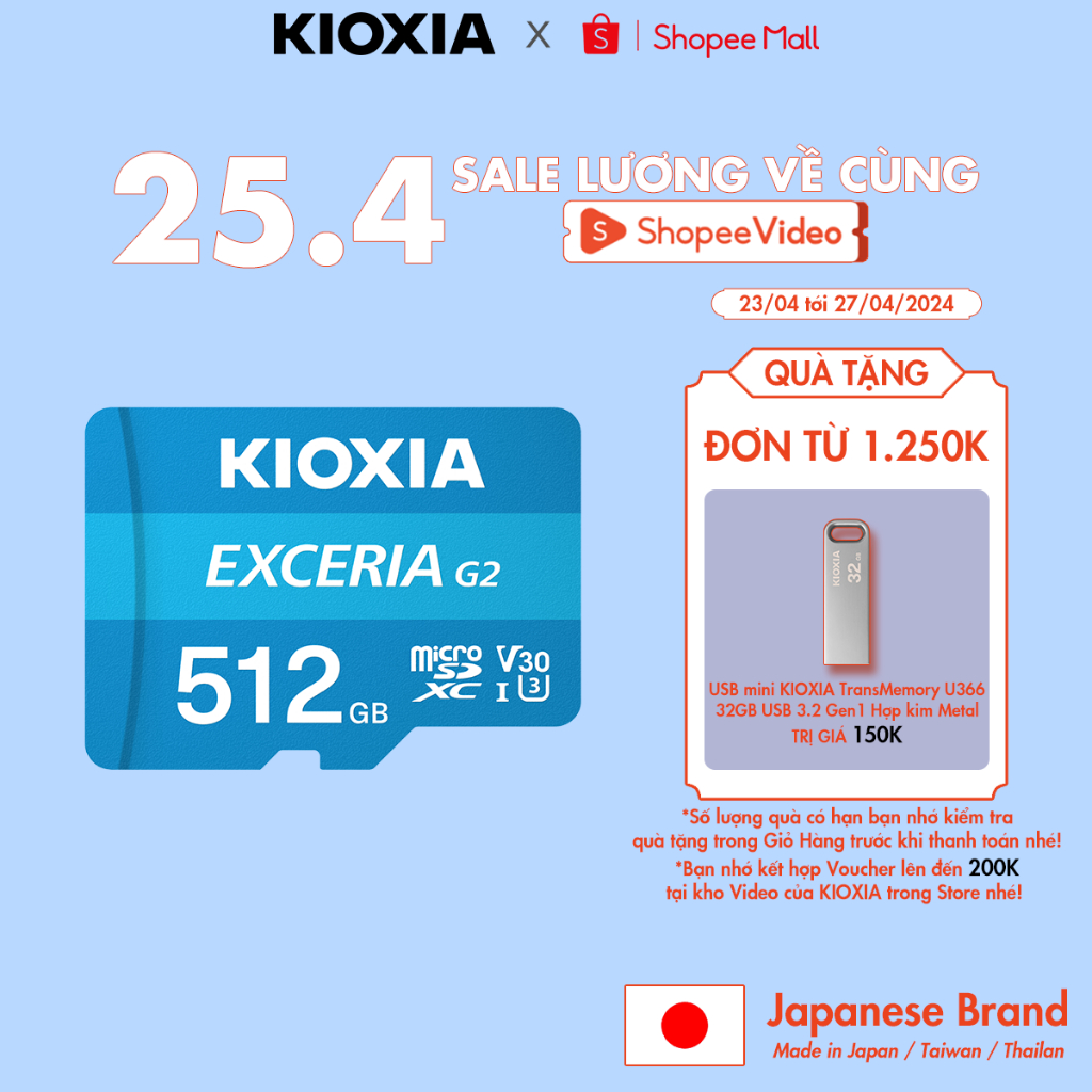 Thẻ nhớ KIOXIA MicroSD 4K SDXC V30 U3 CL10 [ MicroSD Exceria / MicroSD Exceria G2 ] - Hàng Chính ...