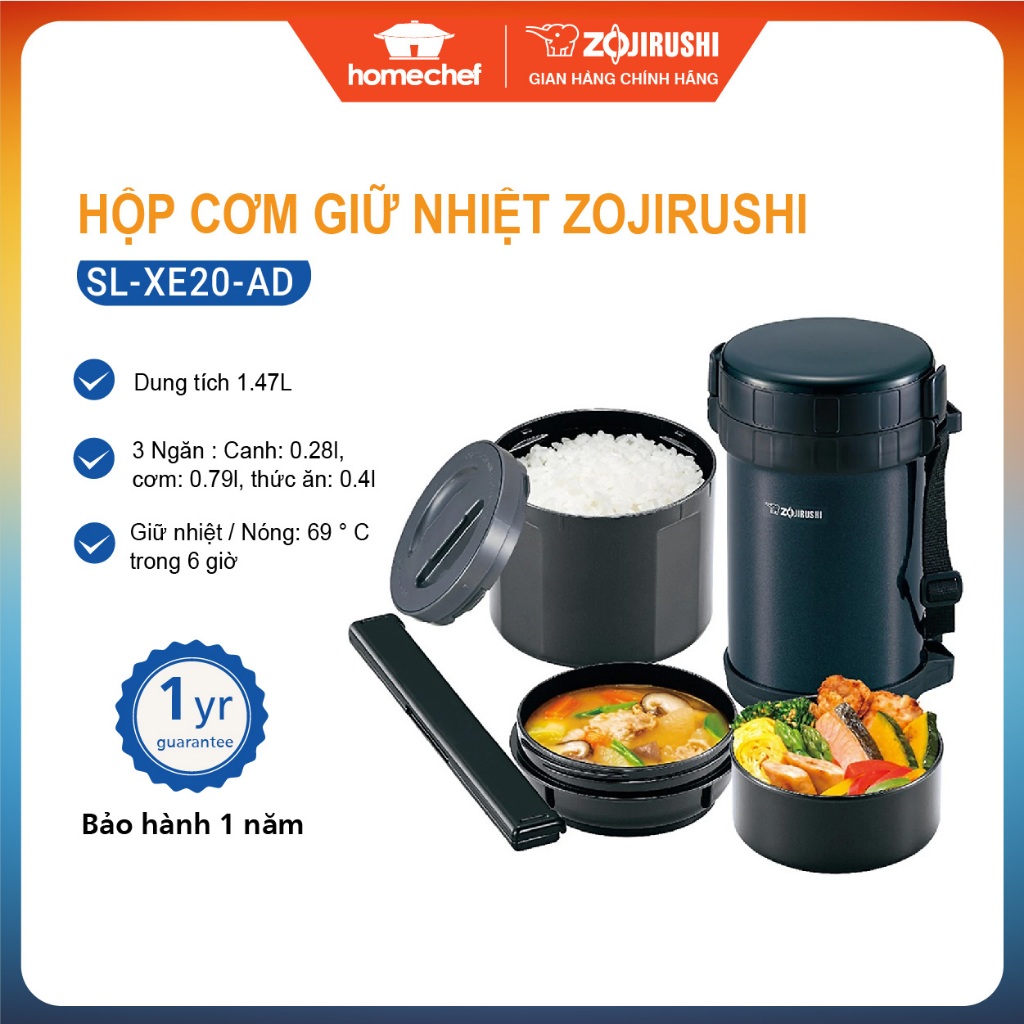 Hộp cơm giữ nhiệt 3 ngăn Zojirushi 1.47L SL-XE20-AD, sản xuất tại Thái Lan, bảo hành giữ nhiệt 1 ...