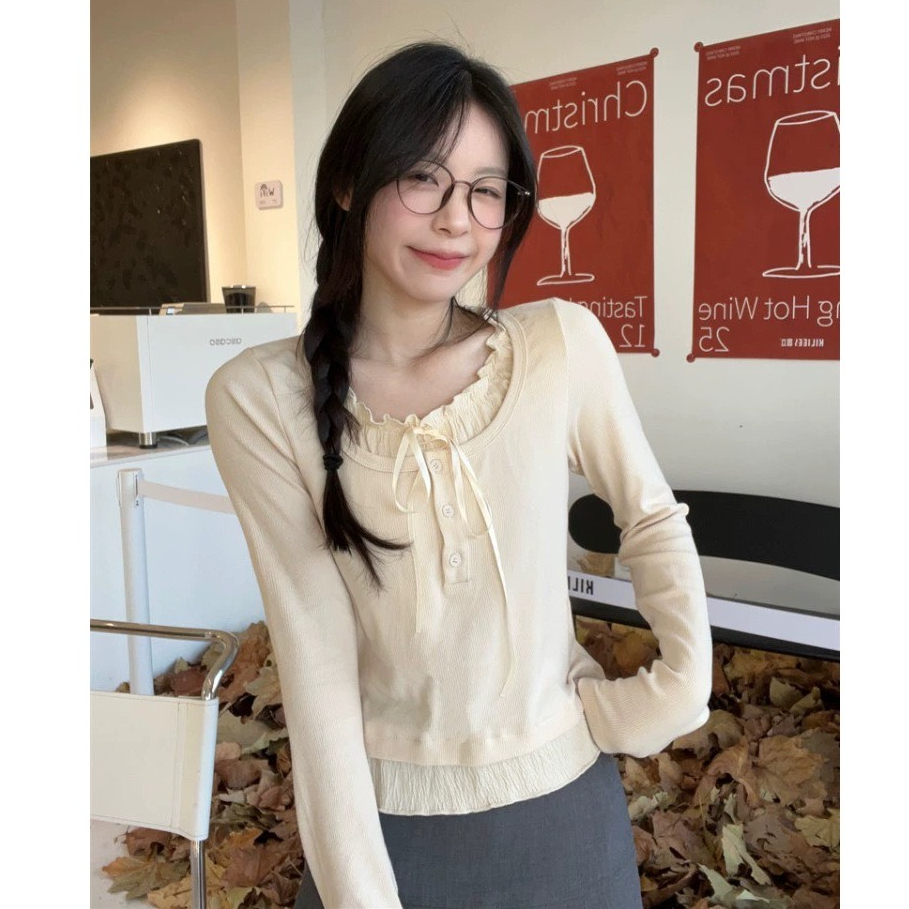 Áo thun brandy dài tay cổ tròn phối viền thắt nơ form ôm vải thun tăm ...