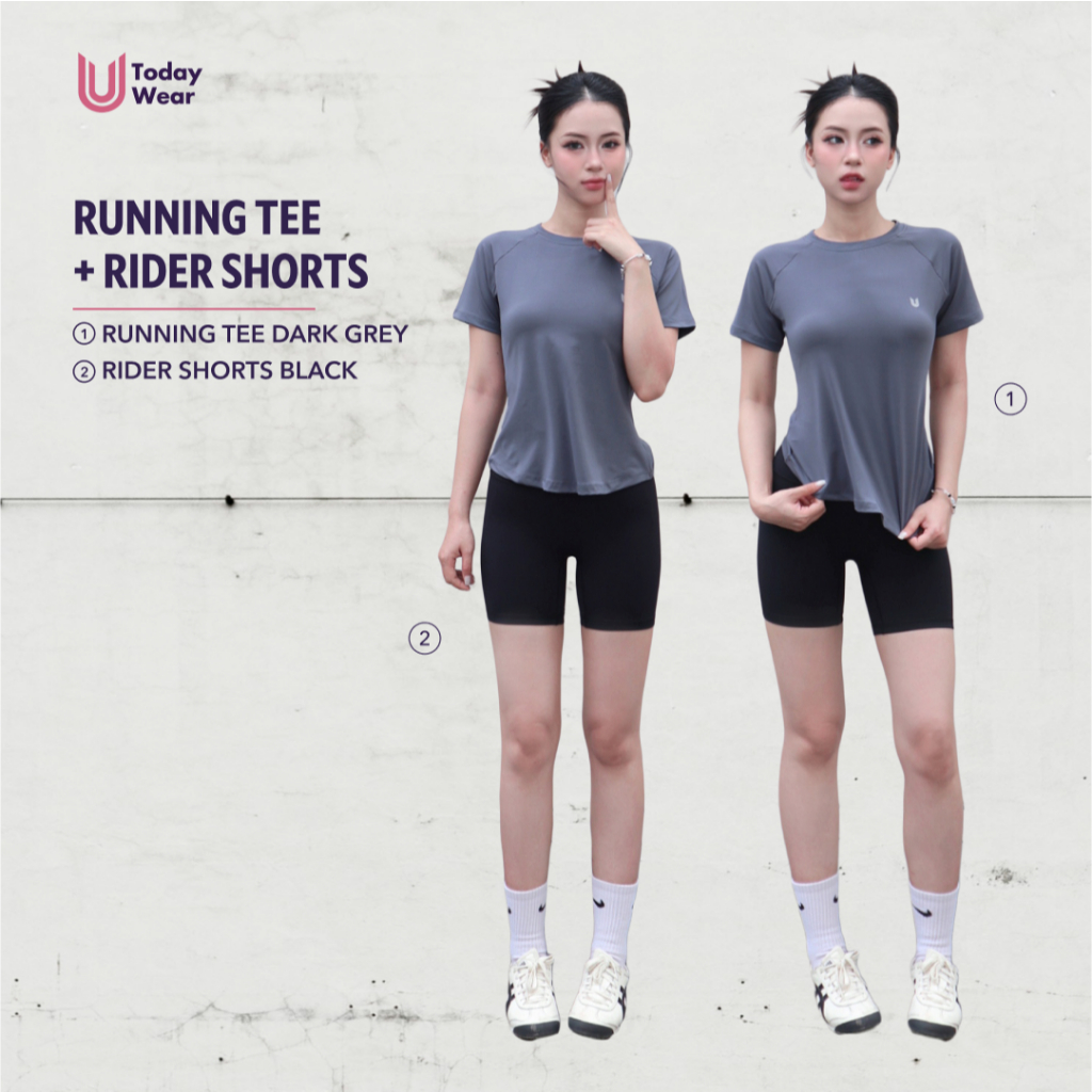 Bộ đồ thể thao nữ tập gym yoga áo Running Tee xám mix quần Rider đen Today U Wear | Shopee Việt Nam