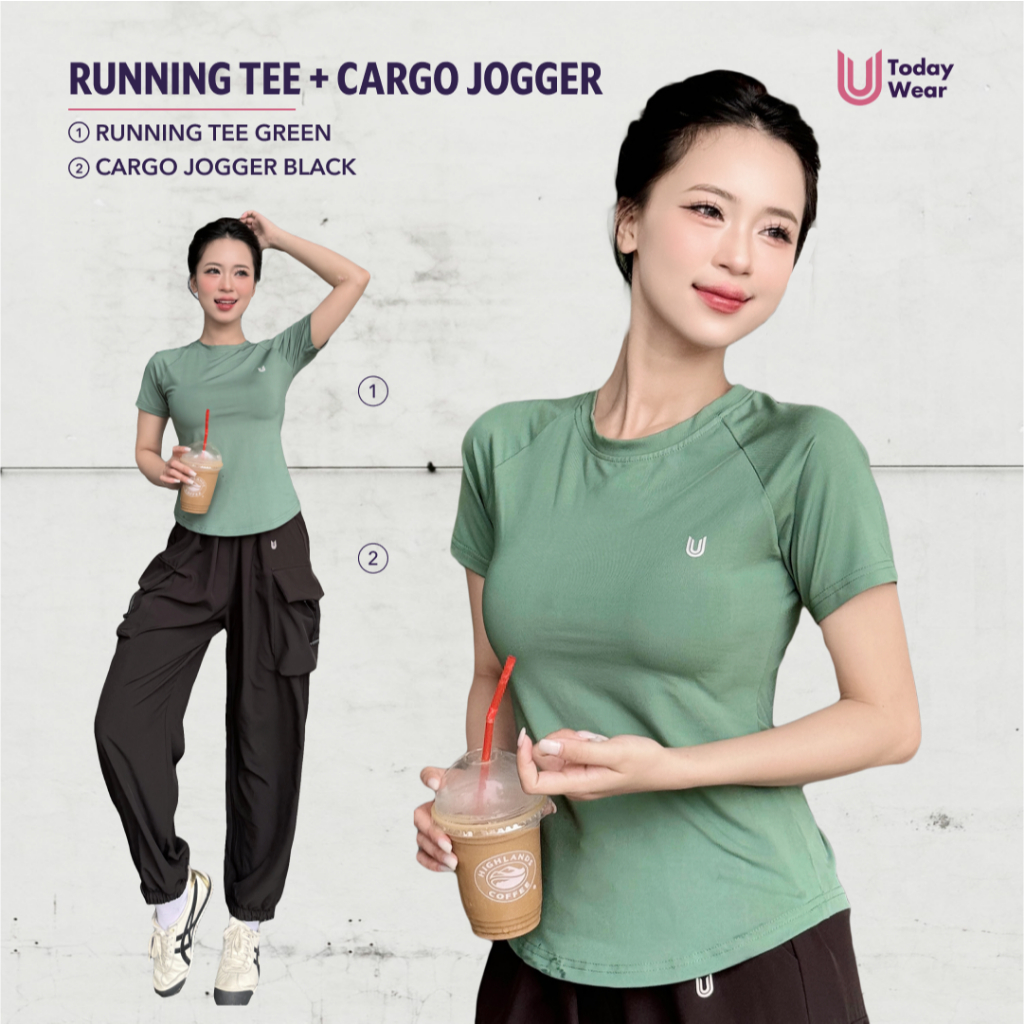 Bộ đồ thể thao nữ tập gym yoga áo Running Tee xanh rêu mix quần Cargo ...