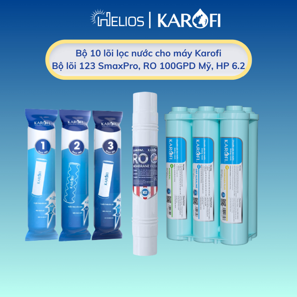Bộ 10 lõi lọc Karofi (Bộ thô 123 SmaxPro, Màng RO 100GDP Mỹ và Cụm chức năng HP 6.2) dùng cho ...