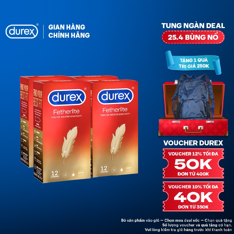 Bộ 4 hộp bao cao su Durex Fetherlite siêu mỏng, bôi trơn, size 52.5mm ...