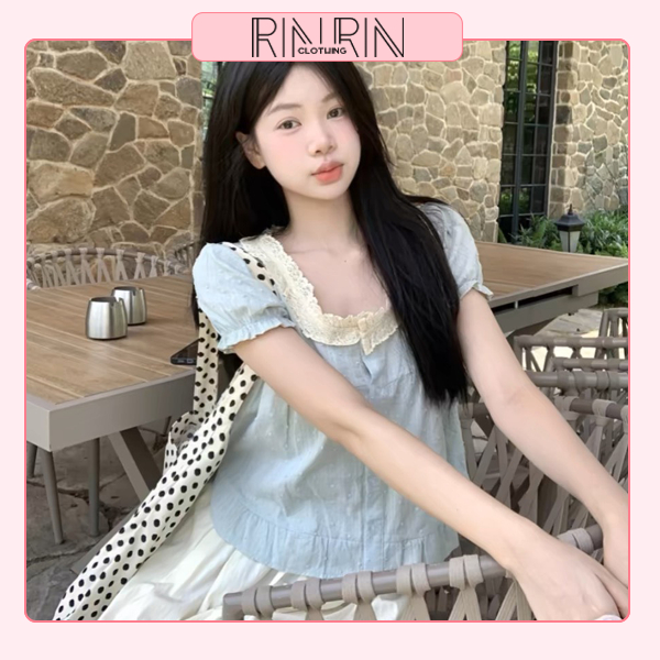 Áo babydoll nữ cổ bèo viền ren có nút phong cách dễ thương Hàn Quốc RIN RIN | Shopee Việt Nam