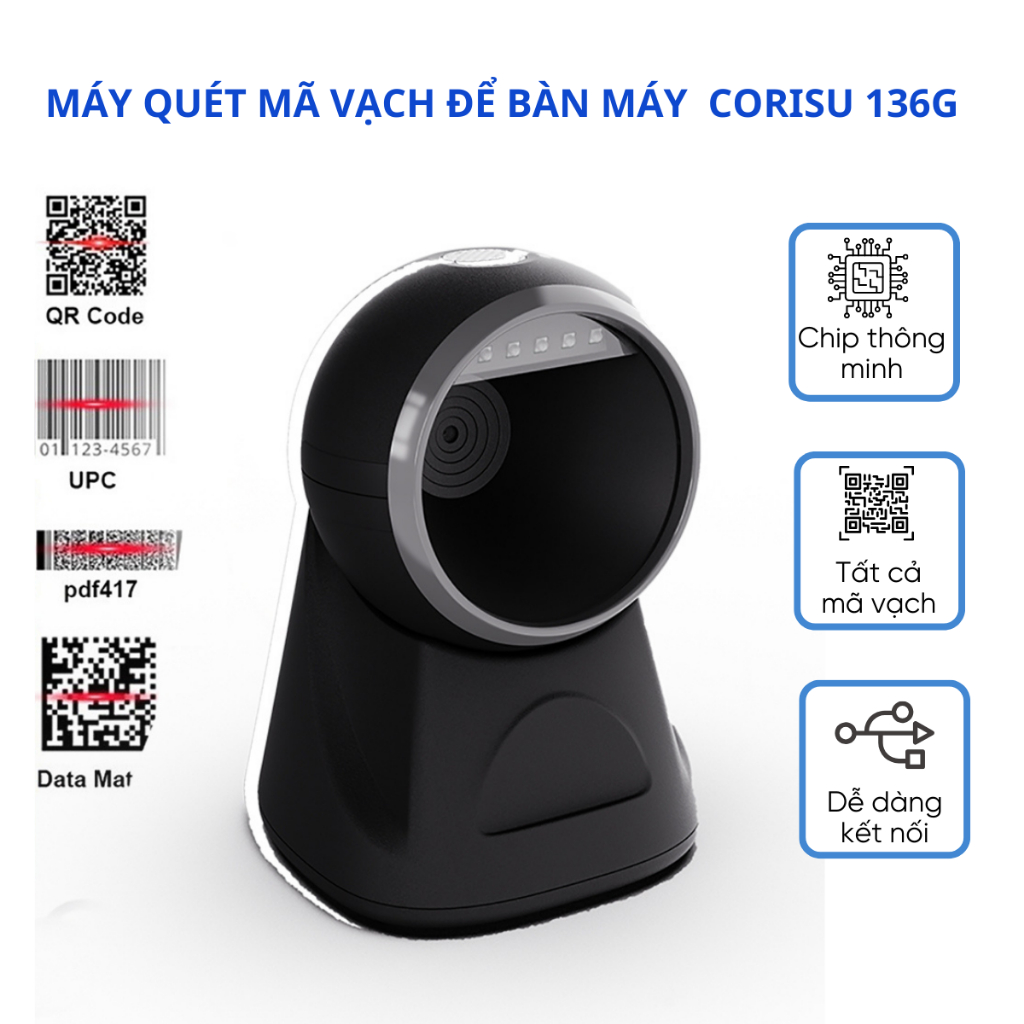 Máy Quét Mã Vạch CORISU 136G để bàn Công nghệ Cmos Pro quét đa tia siêu nhạy, độ bền cao bảo ...