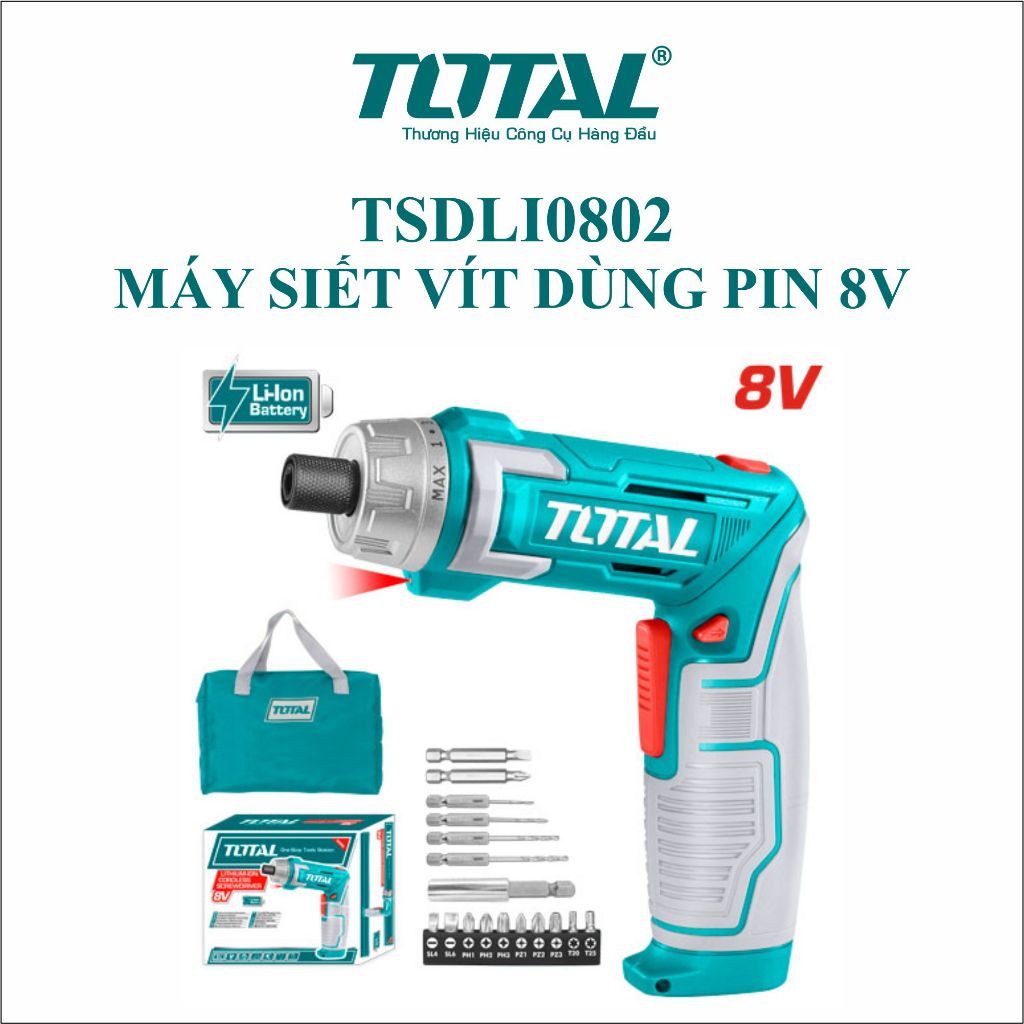 Máy siết vít dùng pin 8V TOTAL TSDLI0802 đầu lục giác 1/4", kèm nhiều ...