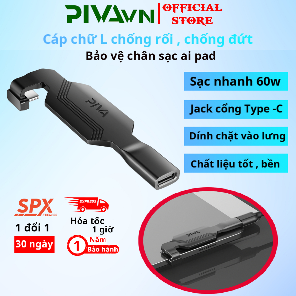 Cáp Type-C nối dài chữ L Piva PW01 bảo vệ chân sạc Ai Pad Pro - Sạc nhanh 60W truyền tải 10Gbs ...