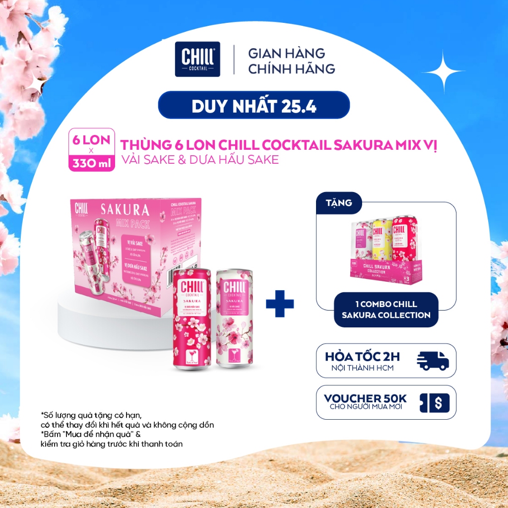 Thùng 6 lon Chill Cocktail Sakura mix vị Vải Sake & Dưa Hấu Sake (330ml ...