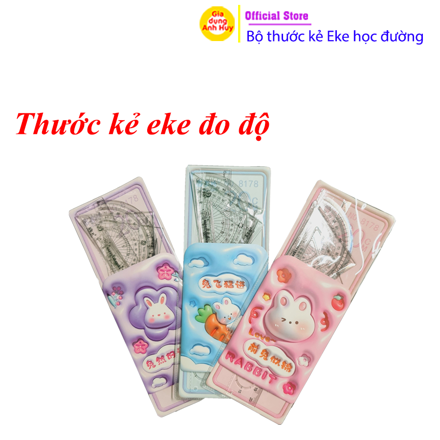Thước kẻ eke, đo độ đường kính tam giác 4 món có kèm túi đựng cute ...