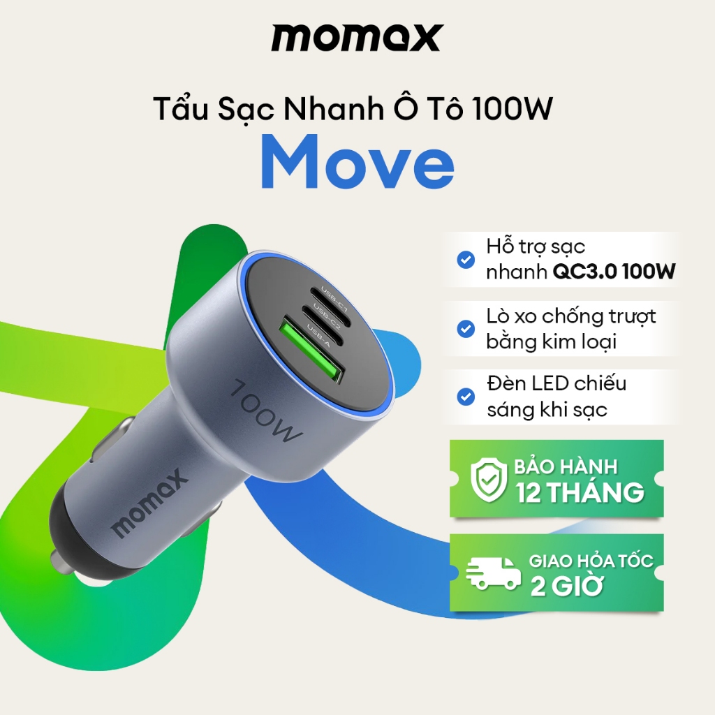 Tẩu Sạc Nhanh Ô Tô 100W 3 Cổng MOMAX MoVe QC3.0+PD | 1 Type C + 2 USB-A | Bảo Hành 12 Tháng 1 ...