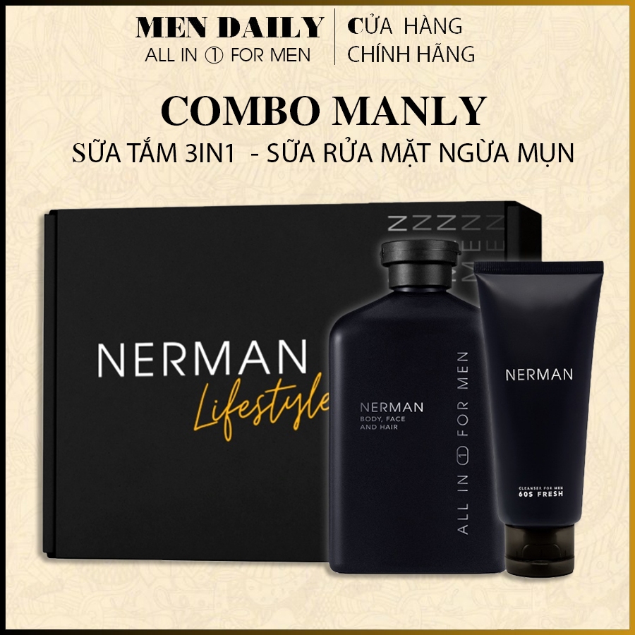 Combo sữa tắm gội nam Nerman 350ml và sữa rửa mặt ngừa mụn Nerman 100ml ...