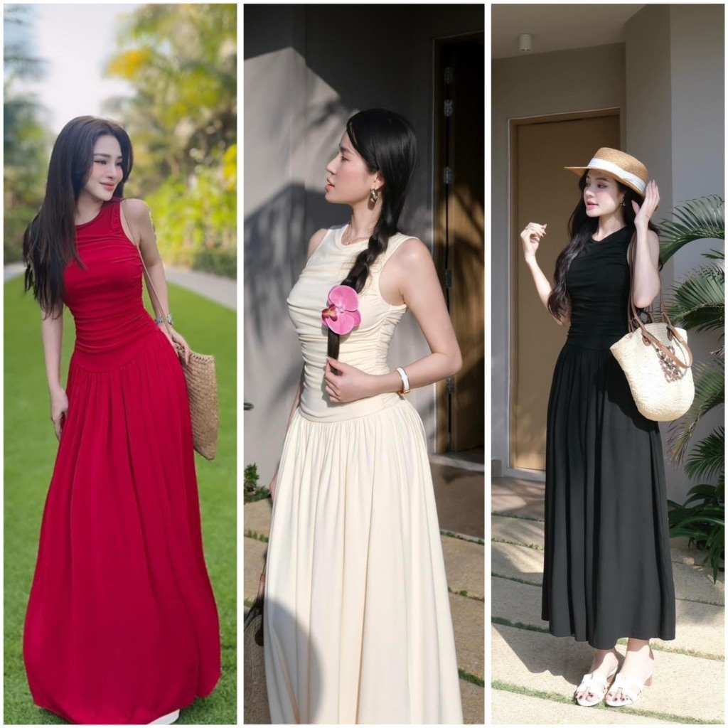 Đầm body ba lổ nhún thân eo siêu che bung dáng maxi xòe dài - thun ...
