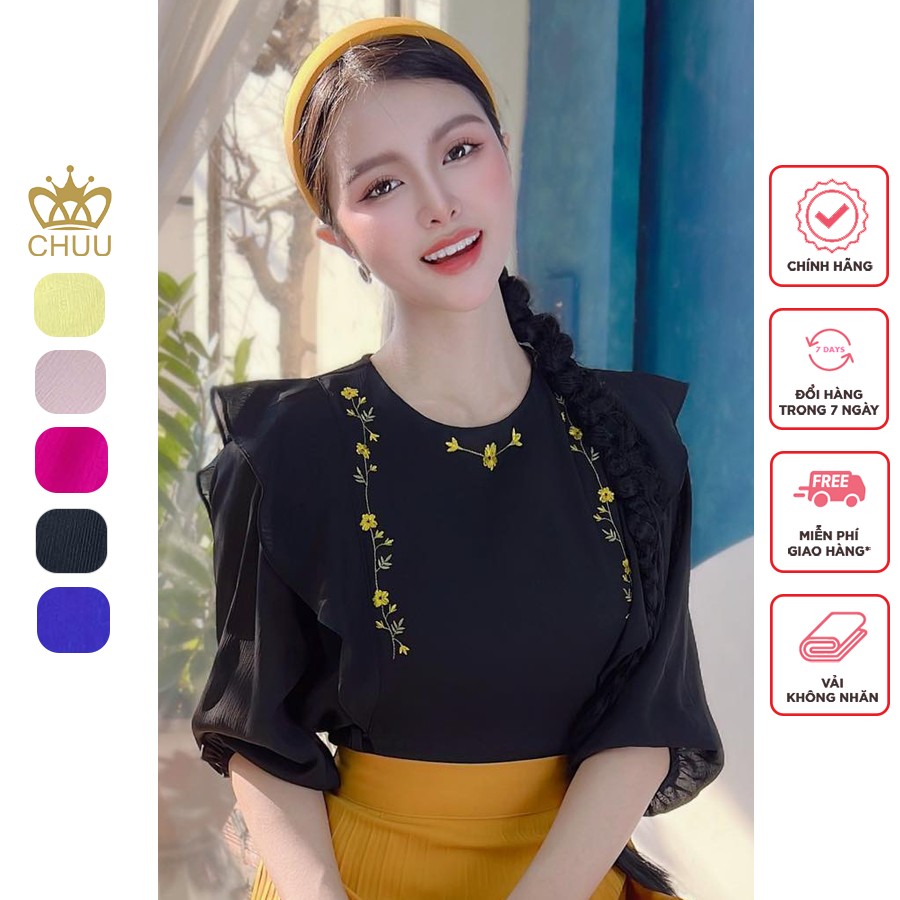 Áo tơ sen cổ tròn thêu hoa kiểu cột eo CHUU A1588 | Shopee Việt Nam