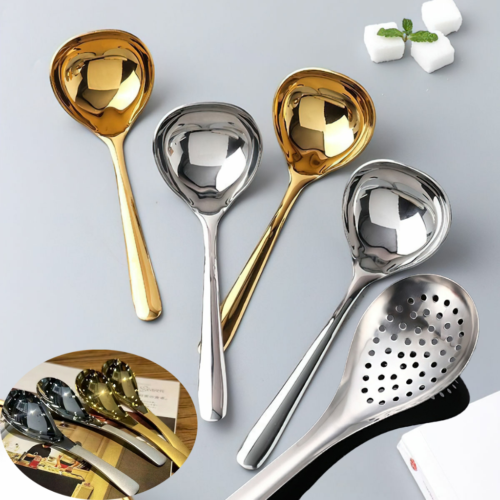 Thìa, Muôi Lỗ / Vá Múc Canh Inox 304 Mạ Vàng, Bạc Cao Cấp 20.5cm ...
