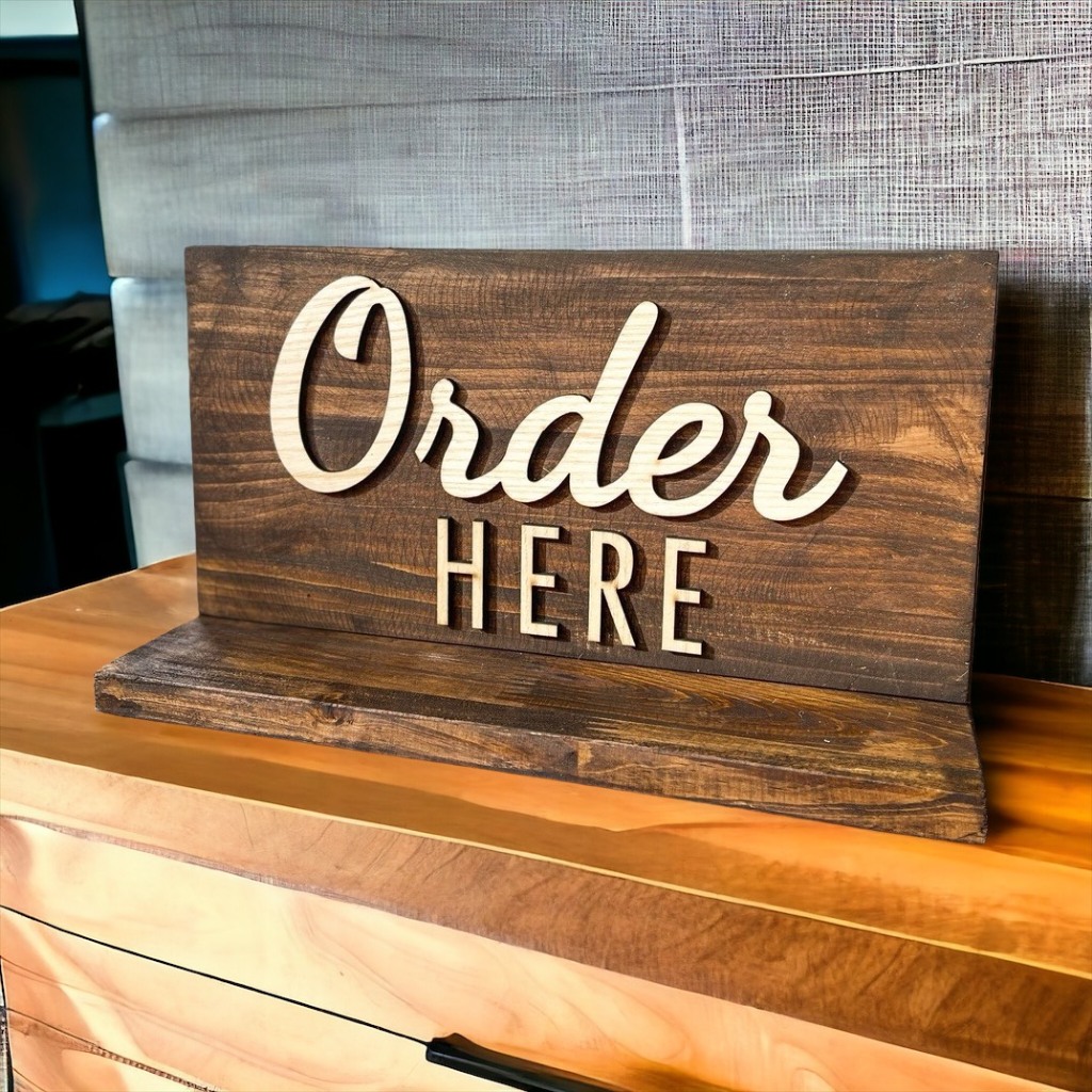 Bảng gỗ Order Here Gọi Món Tại Đây có đế, dây treo bằng gỗ tại quán ăn ...
