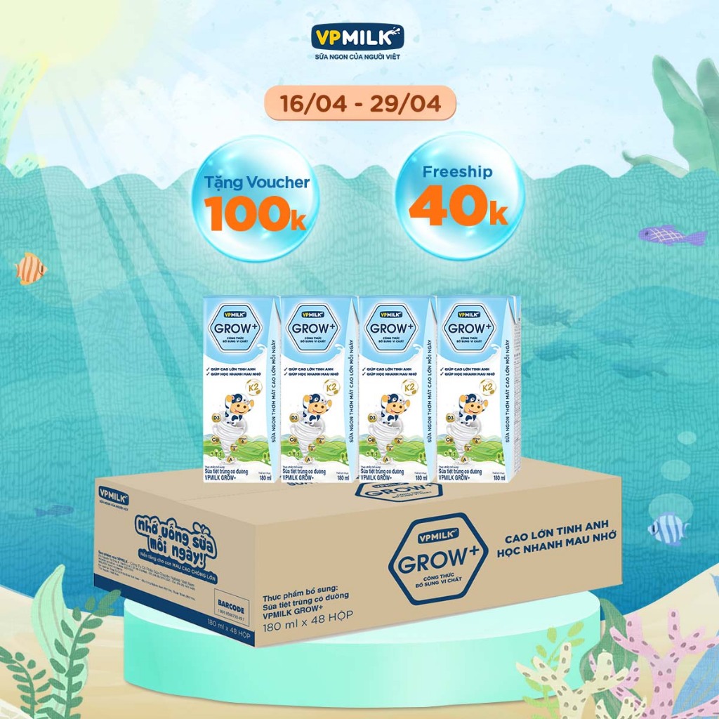 Sữa Tiệt Trùng VPMilk Grow+ Có Đường hộp 180ml (thùng 48 hộp) | Shopee Việt Nam